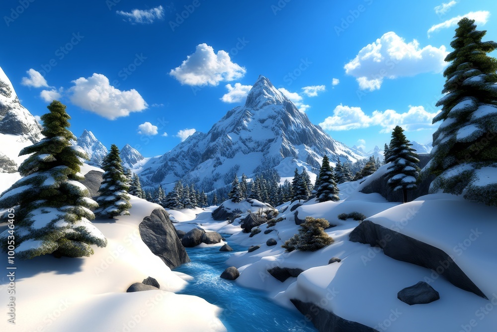 3D-rendered wilderness mountain range, where jagged peaks, forests, and ...