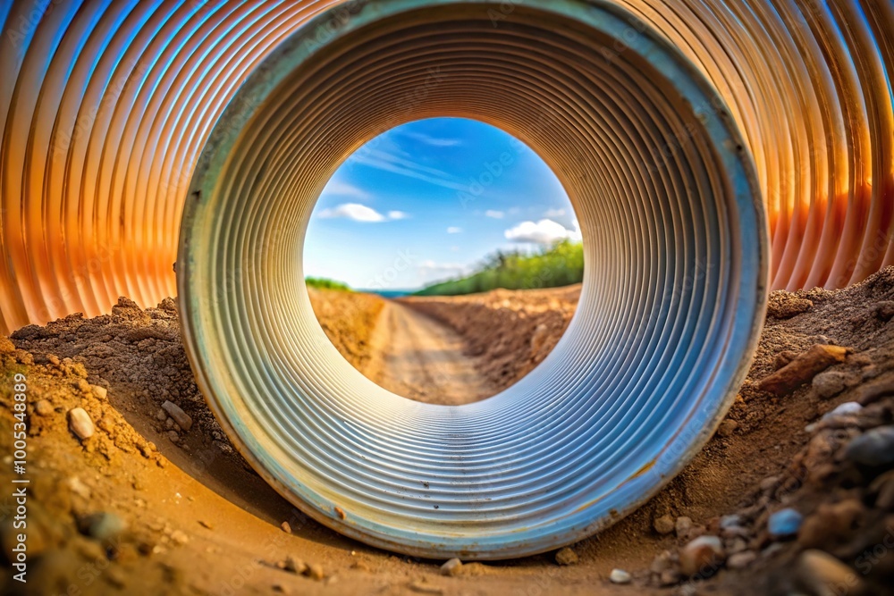 PVC plastic pipe buried in the ground shown from below Stock ...