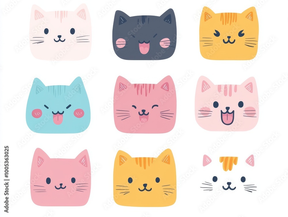 2408 101.A set of cute square-headed cat faces in different colors ...