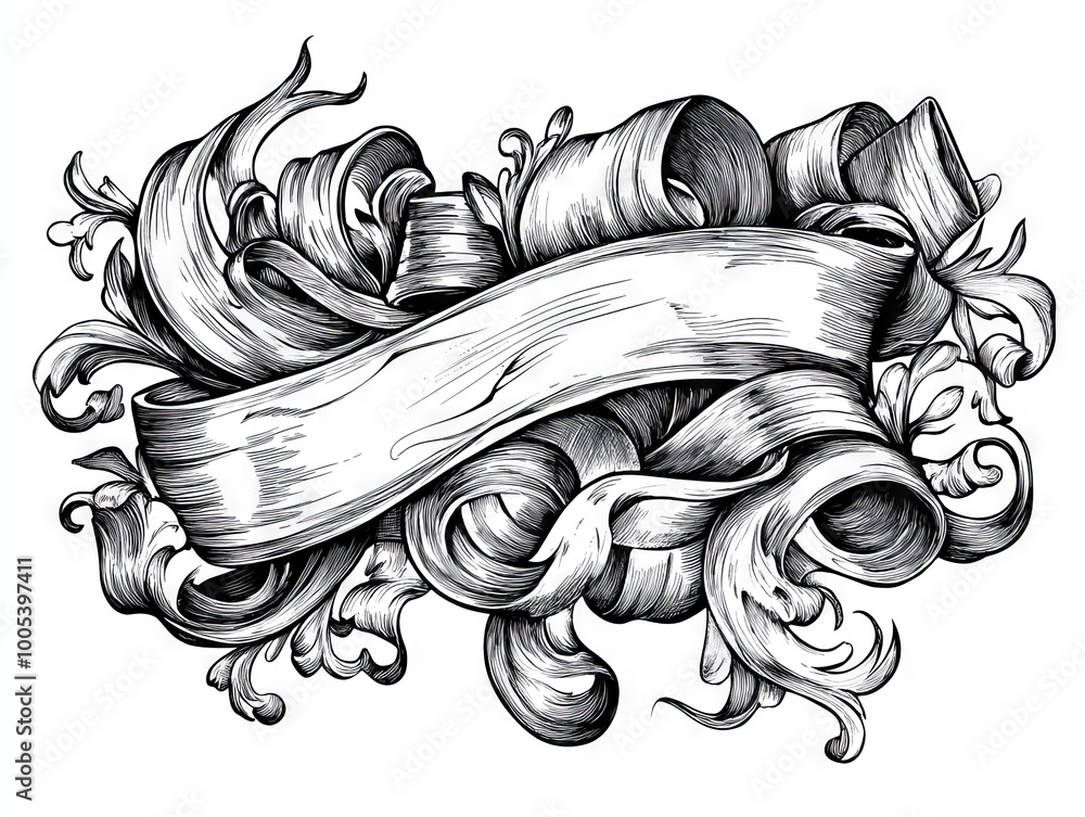 2408 55.A dynamic line art illustration of a ribbon banner with ...