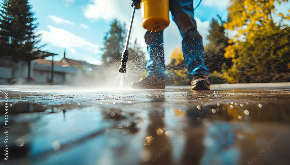 Low angle view of people using a pressure washer on a concrete driveway ...