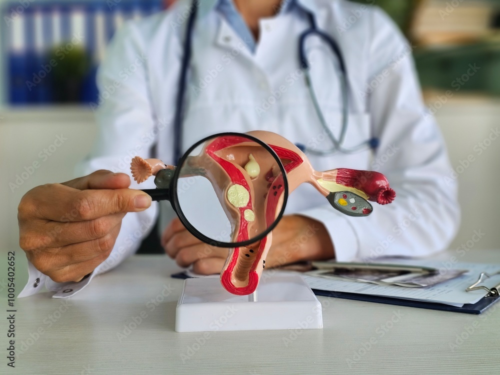 Doctor show patient on reproductive system model, explain problem to ...