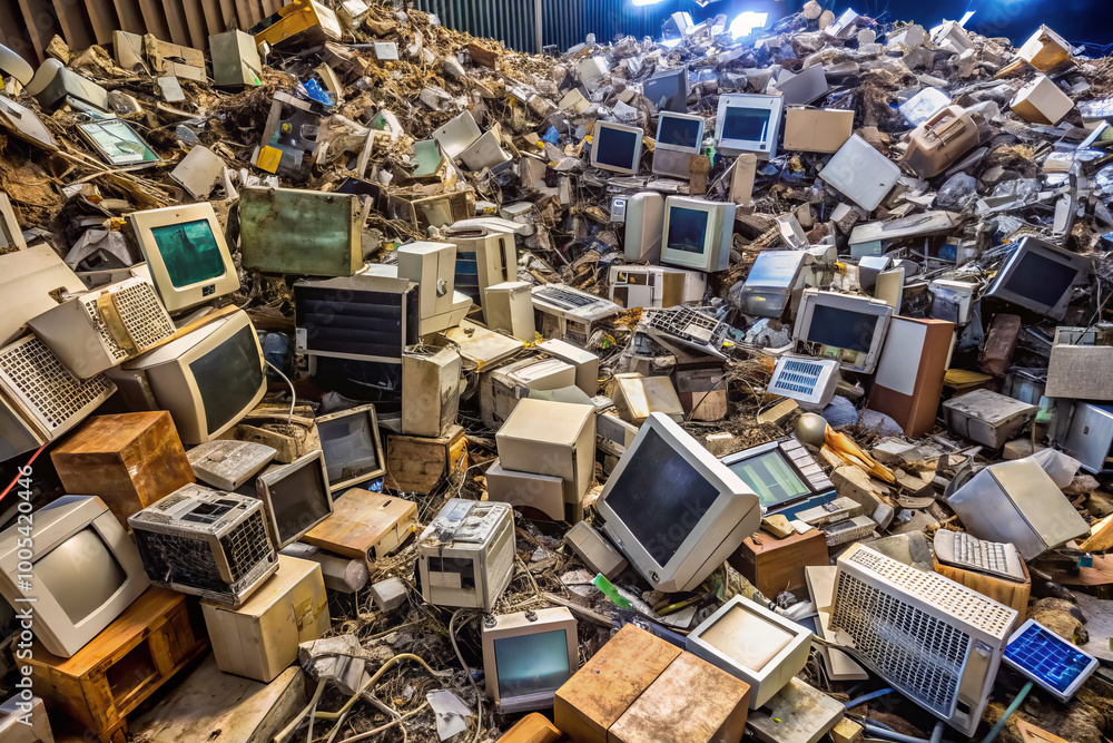 image depicts large pile of discarded computers and electronic waste ...