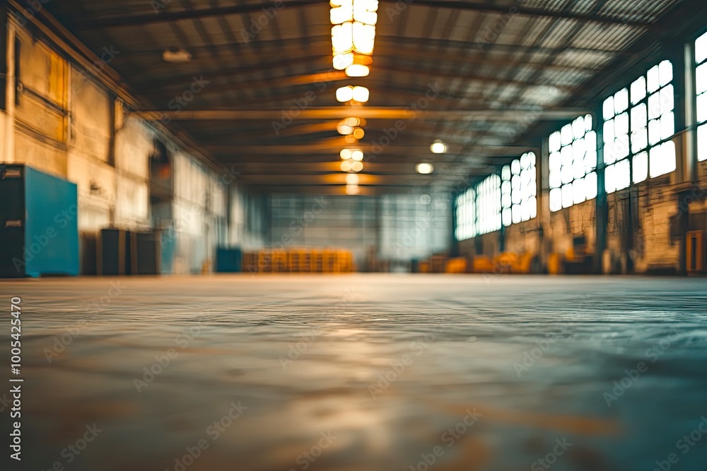 Warehouse interior blurred. Empty warehouse without anyone. Old ...