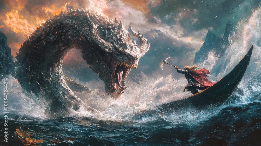 A fierce battle between a mighty warrior and a colossal sea serpent ...