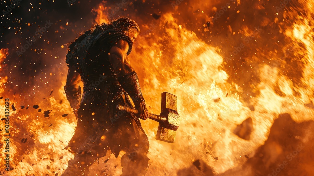 A fierce warrior stands amidst flames, wielding a mighty hammer ...