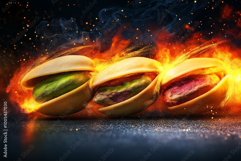 Realistic pistachio nuts exploding in motion, creating a dynamic splash ...