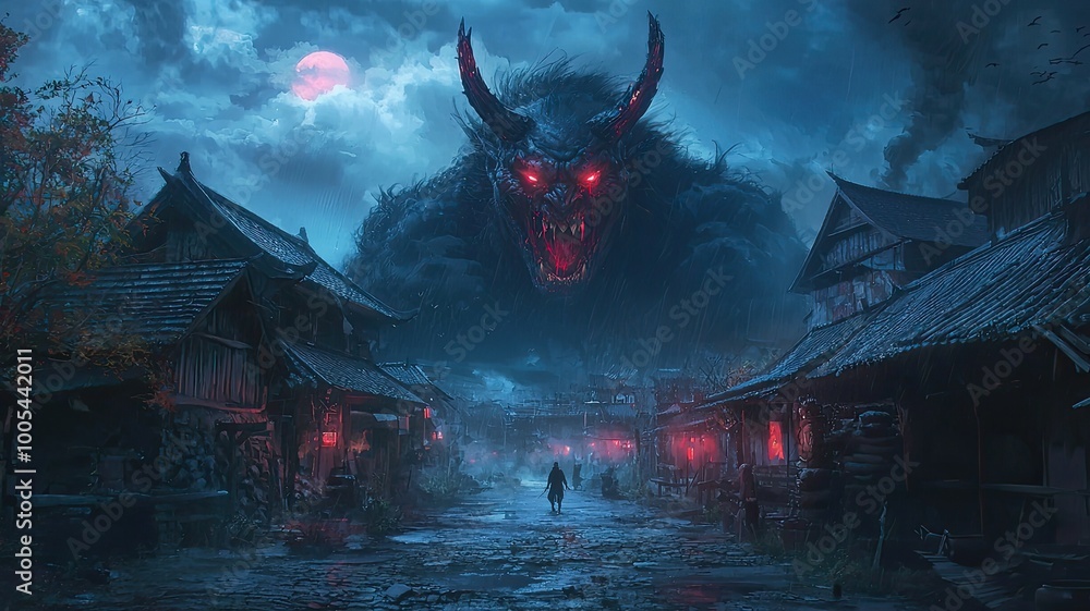 A monstrous beast with glowing red eyes towers over a Japanese village ...