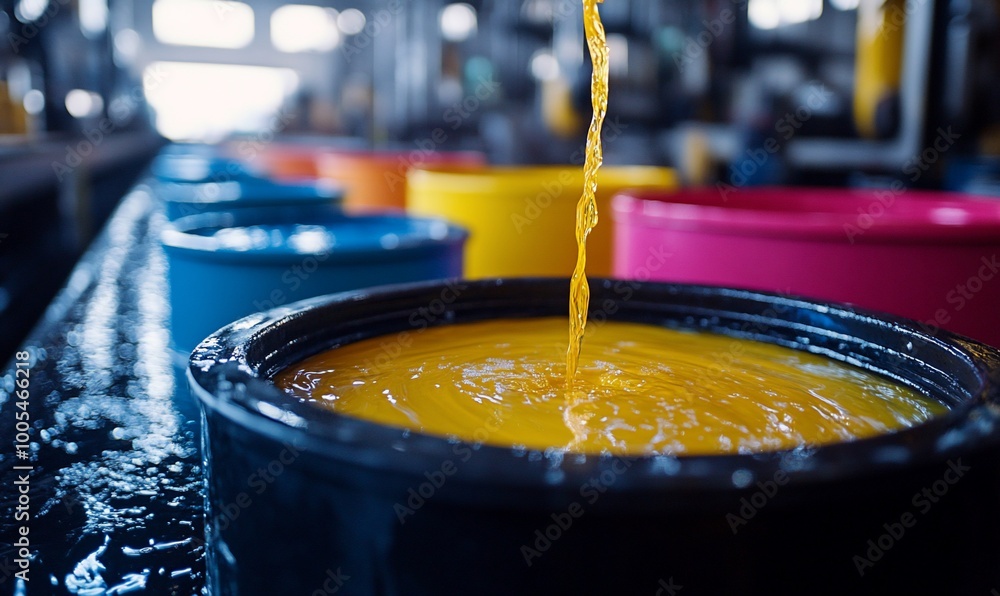 Yellow liquid being poured into a black container on a conveyor belt in ...