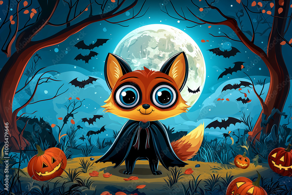 cute cartoon fox with big eyes is dressed in cape, standing in spooky ...