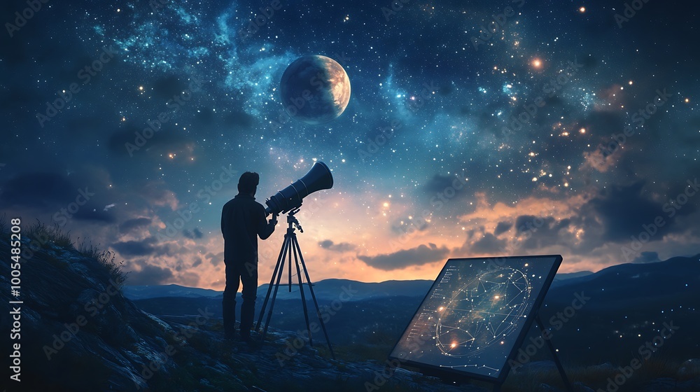 astronomer using a telescope to observe the night sky, with a stunning ...
