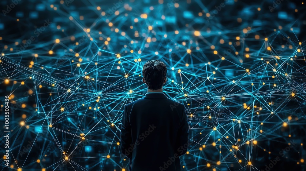 Hacker navigating through a web of digital connections, represented by ...