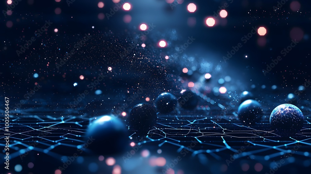 Futuristic quantum spheres on a glowing network grid with particle ...