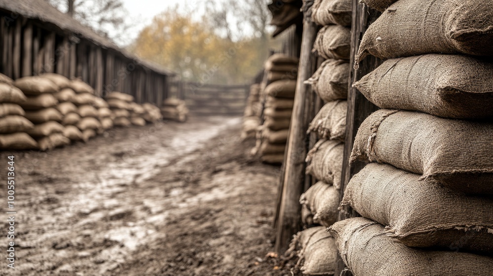 World War I trenches with sandbags stacked for protection in a ...