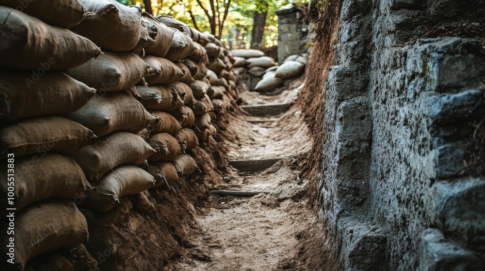 World War I trenches with sandbags stacked for protection in a ...