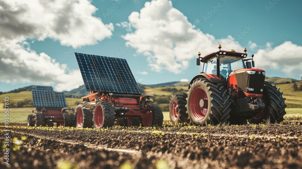 Solar Powered Farming: Two modern tractors with solar panels on the ...