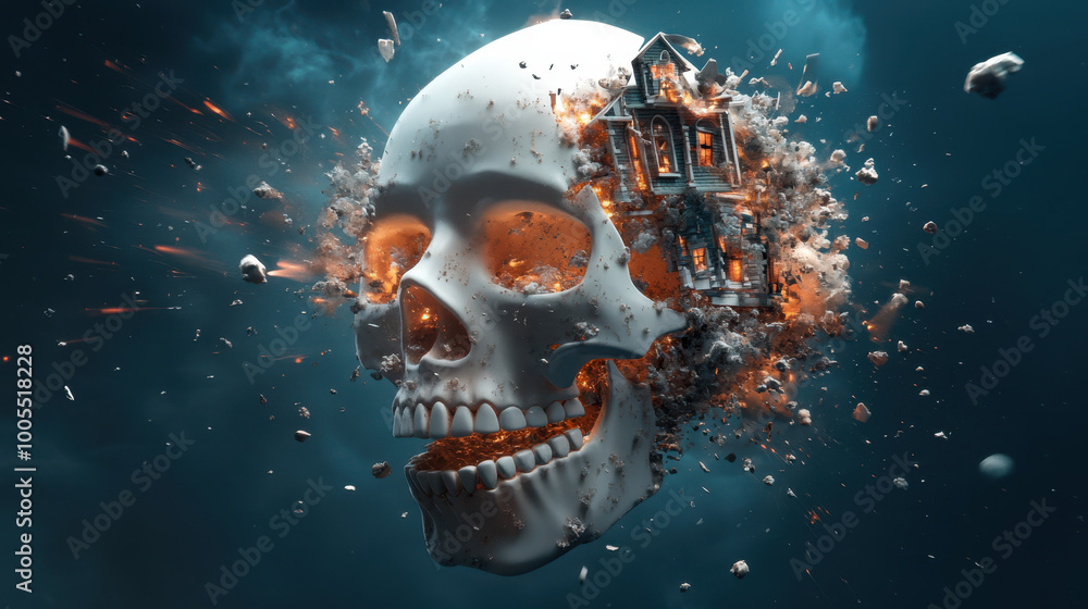 surreal 3D representation of skull exploding with haunted house ...