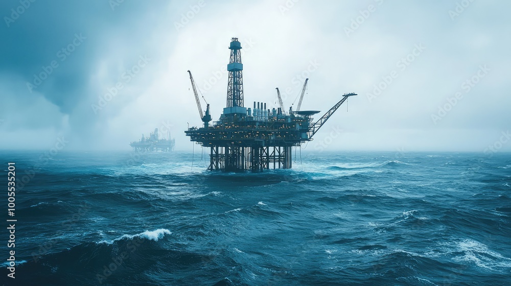 A dramatic offshore oil rig surrounded by turbulent sea waters under a ...