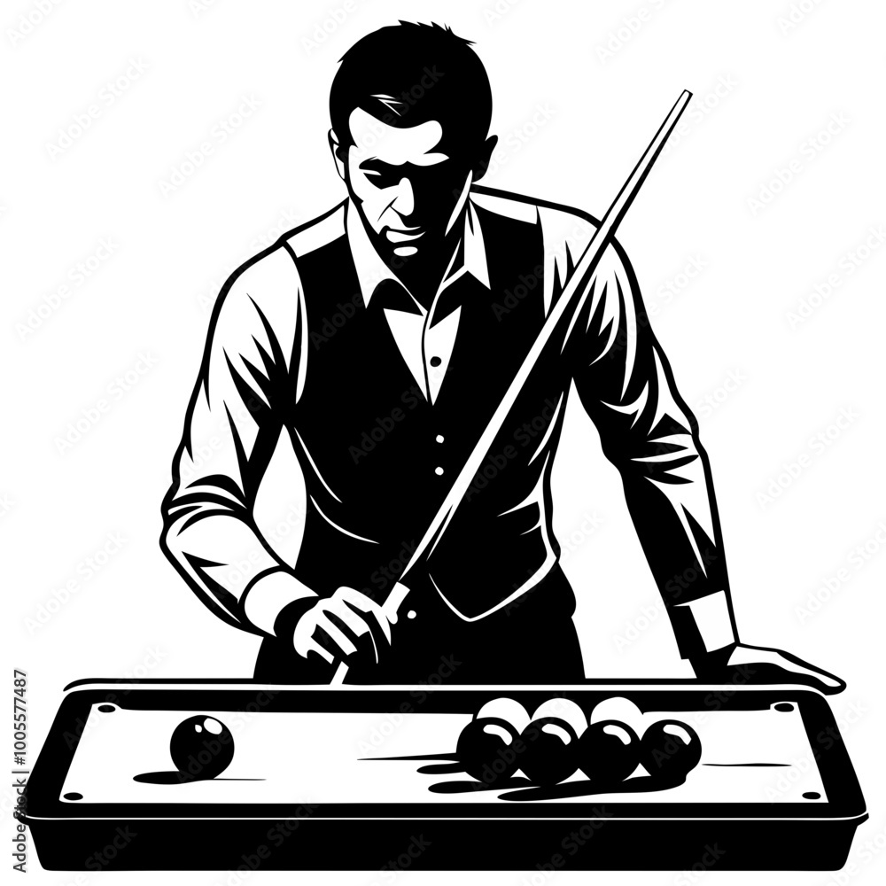 Snooker Player in Action: A dramatic black and white illustration of a ...
