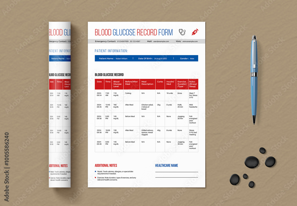 Blood Glucose Record Form Template Stock Template | Adobe Stock