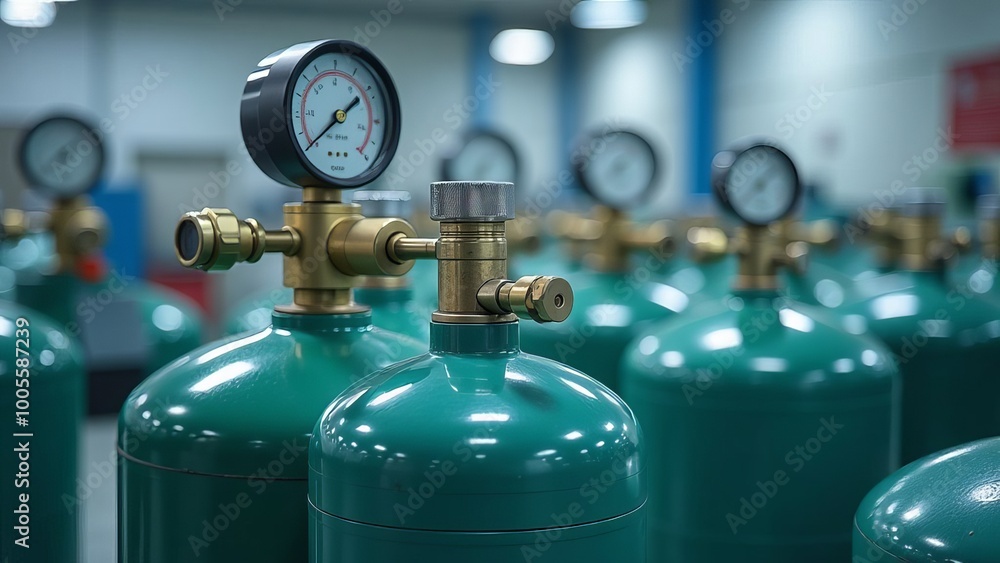 Gas cylinders with pressure gauge in a specialized laboratory ...