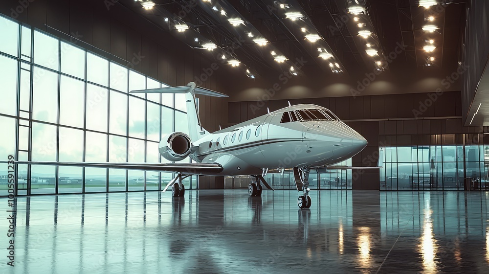 Luxurious private jet showcased in a modern hangar with expansive glass ...