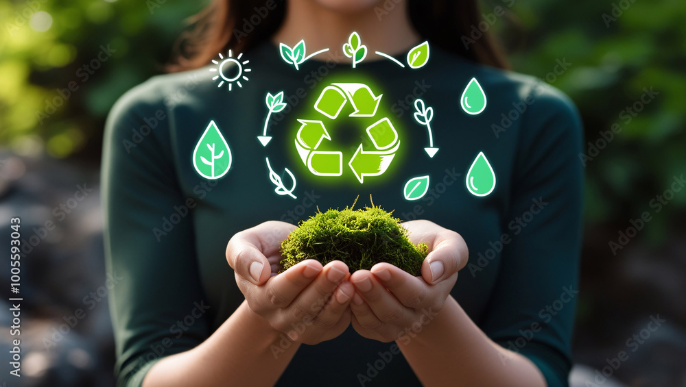 Recycle mark on the palm of a girl's hand, girl wearing green shirt ...