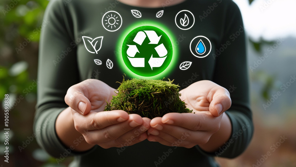Recycle mark on the palm of a girl's hand, girl wearing green shirt ...