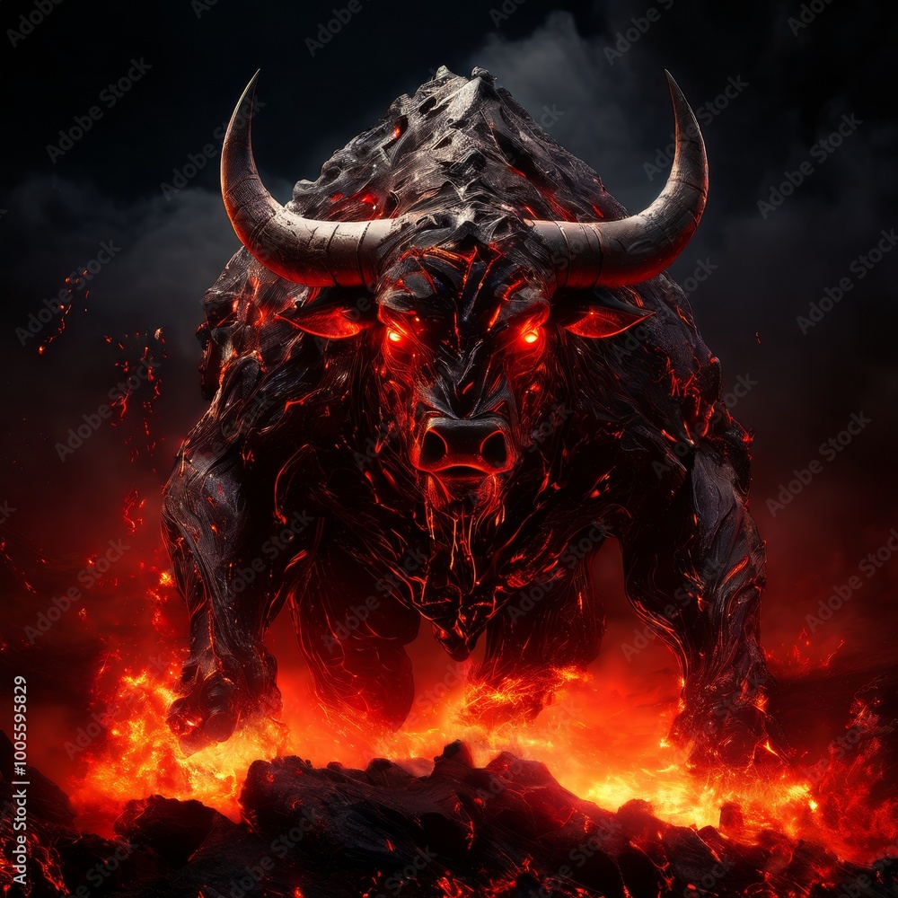 A menacing bull constructed of molten lava charges forward, its glowing ...