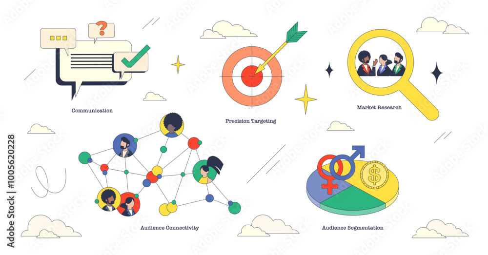 Illustration showing communication, precision targeting, market ...