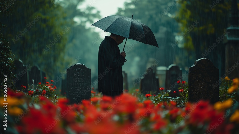 Grieving Man in Black Suit Holding an Umbrella on a Rainy Day in a ...