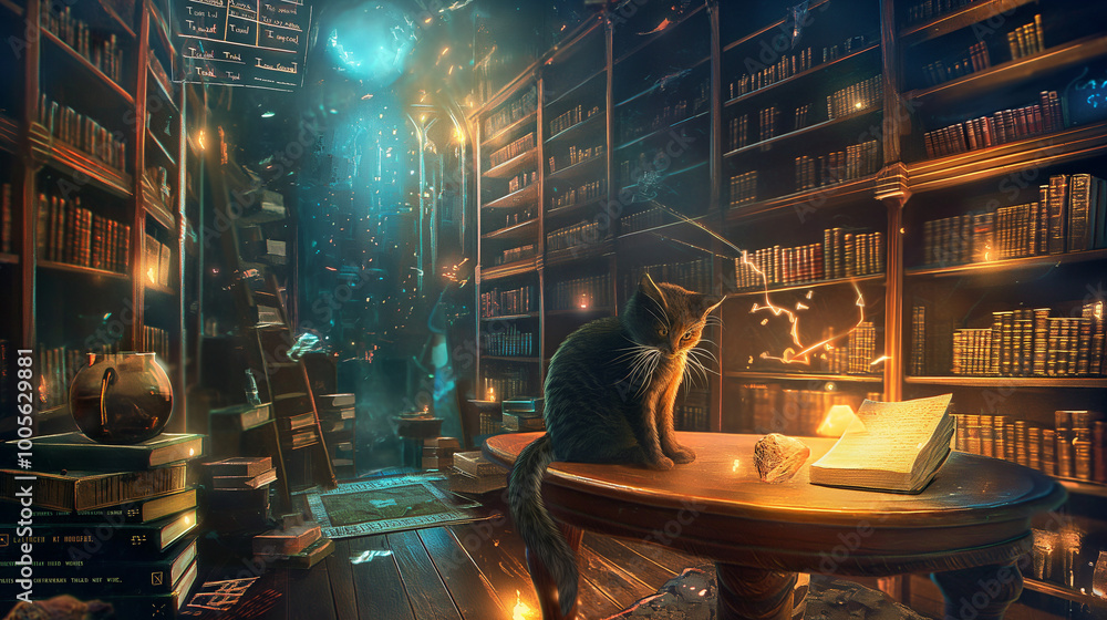 A magical library with towering bookshelves, where the books float and ...