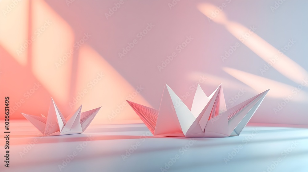 Elegant origami paper sculptures in a serene pastel color palette with ...