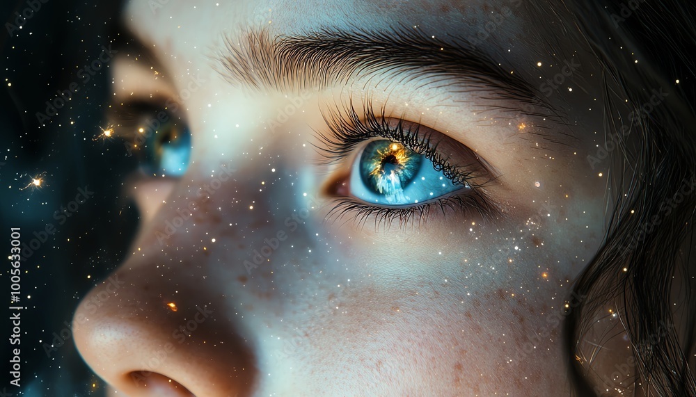 Thoughtful young girl with a reflective gaze, space and galaxies ...