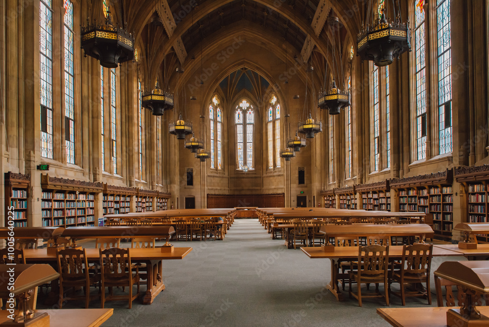 SEATTLE, USA - SEPTEMBER 19, 2024: Interior of Suzzallo Library at the ...