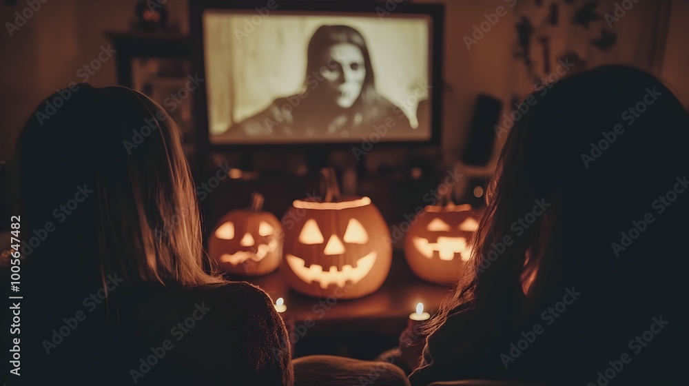 Friends enjoying a cozy Halloween movie night gathered around to watch ...