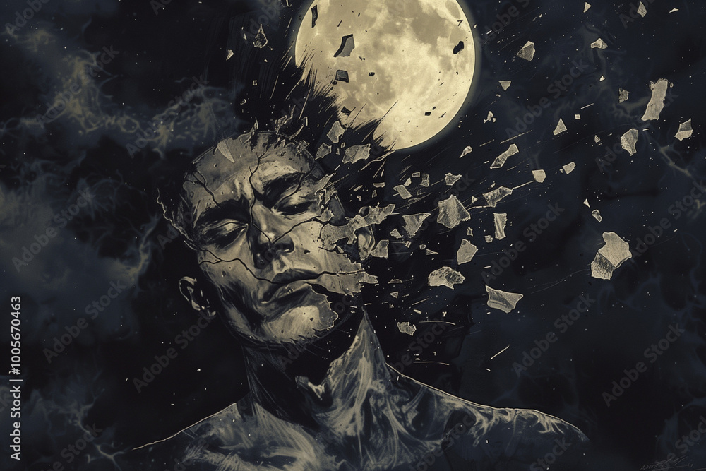 A haunting image of a man’s head disintegrating into pieces as the full ...