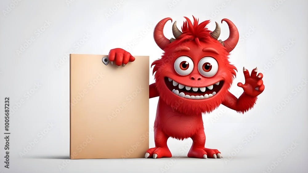 Cartoon red monster with a transparent background and a blank sign in ...