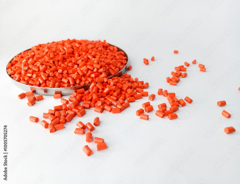 Red masterbatch granule, red pigment, red granules in a cup, cold ...