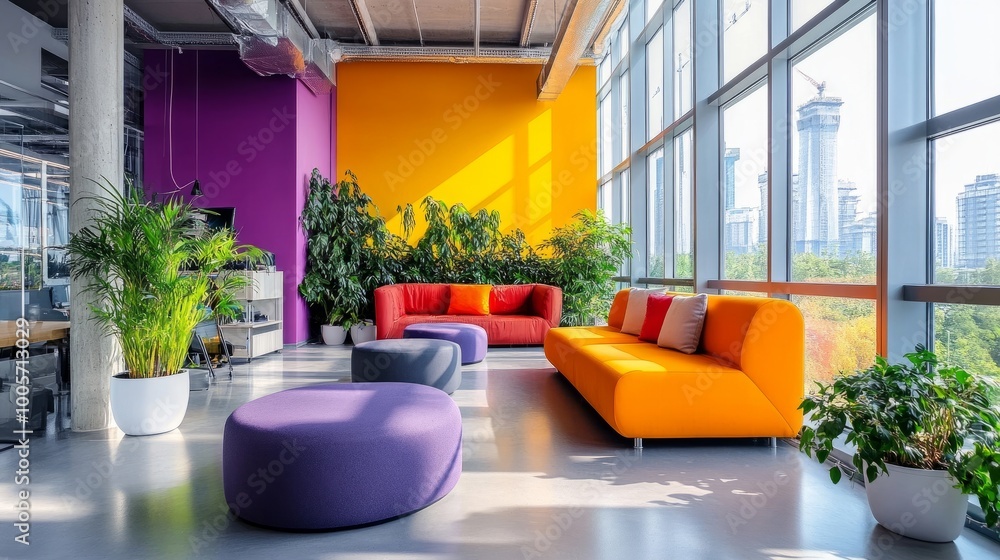 Relaxation zone in a modern, open space office with vibrant colors ...