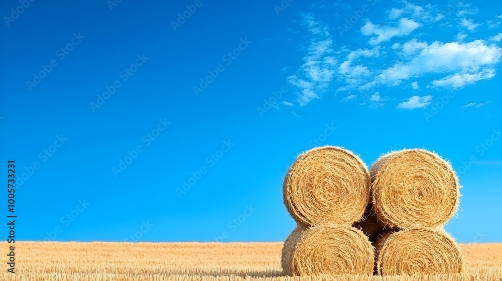 Stacked hay bales arranged in an organized pattern in an open field ...