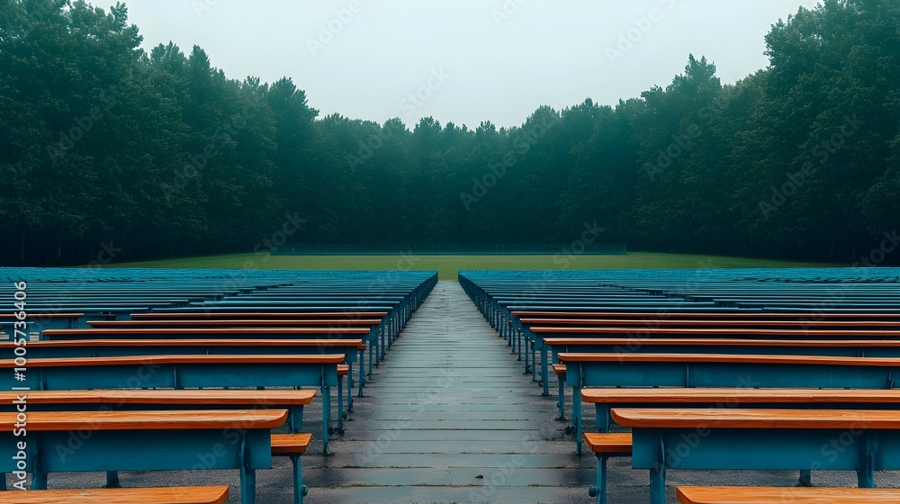 Symmetrical and geometric rows of empty bleachers in a high school ...