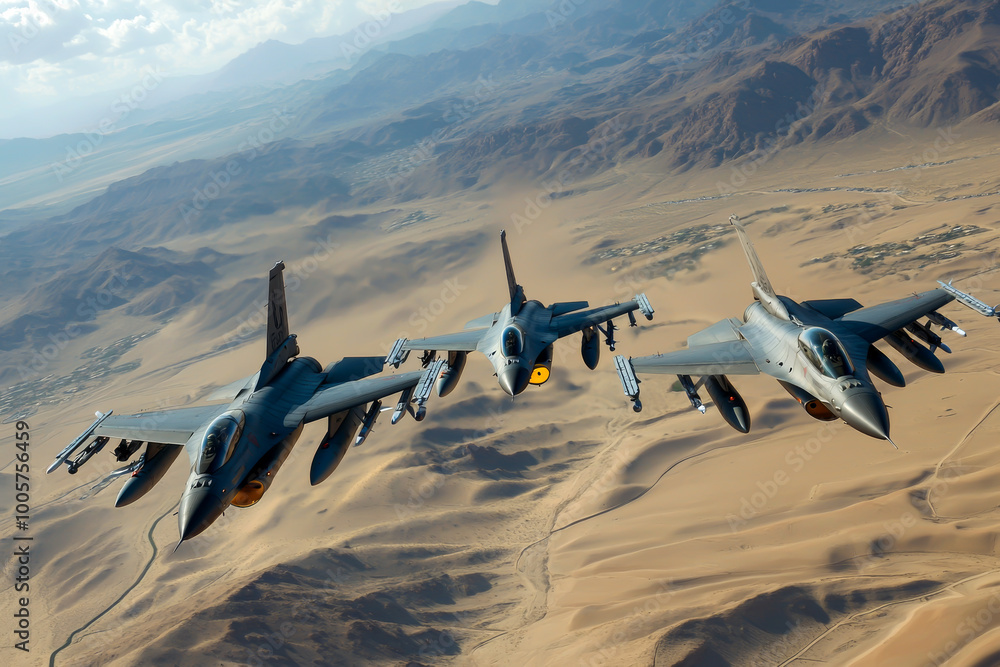 Three fighter jets flying in the sky over a desert. The planes are in ...