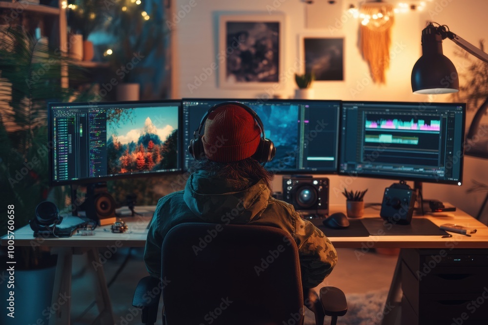 content creator working at a desk with multiple screens Stock Photo ...