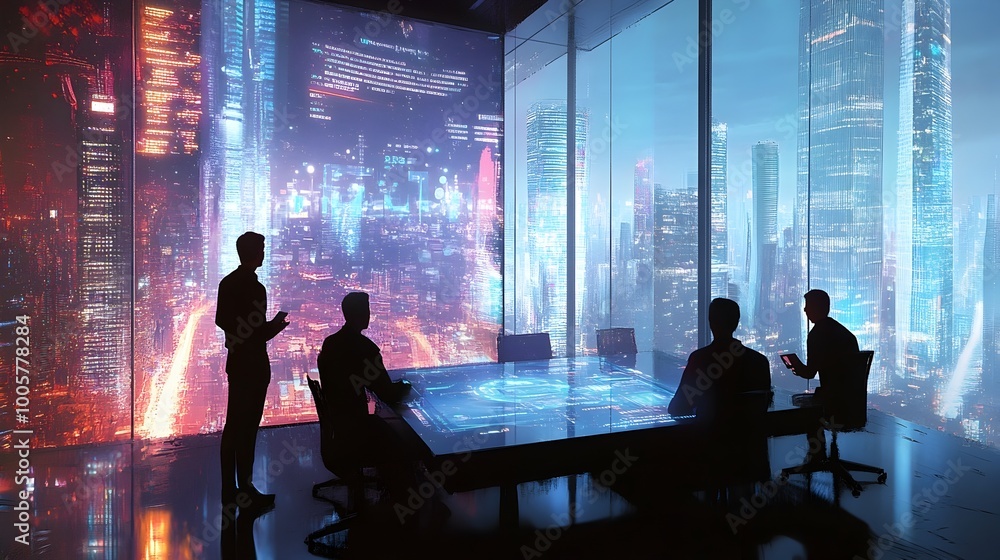 Digital business strategy meeting with holographic agenda display in ...