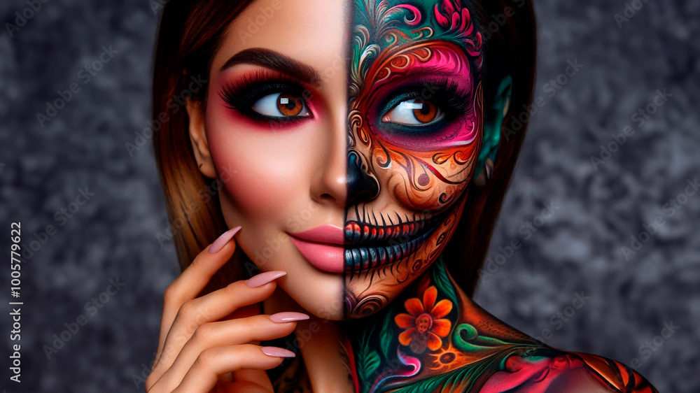 The charming woman's face is split, with one side adorned with ...