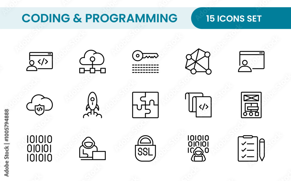Programming coding set of web icons in line style. Software development icons for web and mobile ...