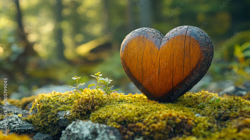 Wooden Heart Memorial on Moss in Forest Cemetery, Natural Burial Site ...