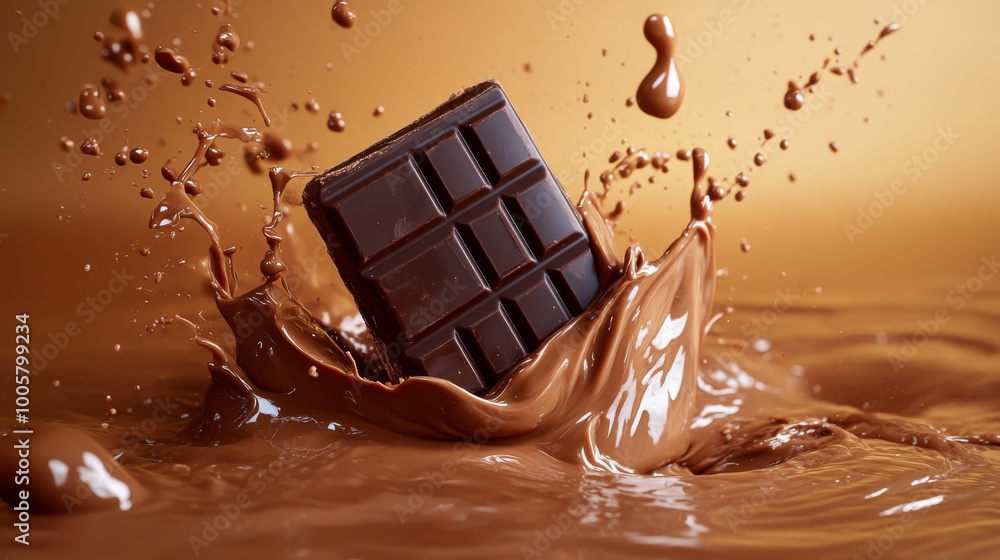 A chocolate bar is in a chocolate river. The chocolate is splashing and ...