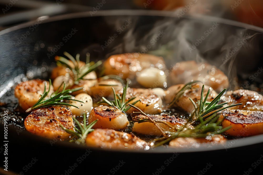 Biftek sizzling on cast-iron skillet, with golden-brown crust, rosemary ...